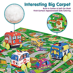 REMOKING Pull-Back Vehicle Toys Set, STEM Soft Vehicle Toy Set 5 Cars with Play Mat, Educational Interesting Cloth Book Set, Great Gifts for Kids 3 Years and up