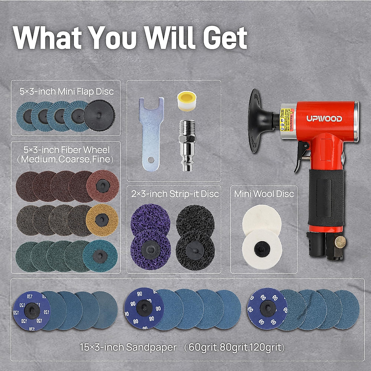 3inch Air Sander Angle Grinder with Roll Lock Wheel Set, Pneumatic Polishing Tool with 41pcs 3-inch sanding discs