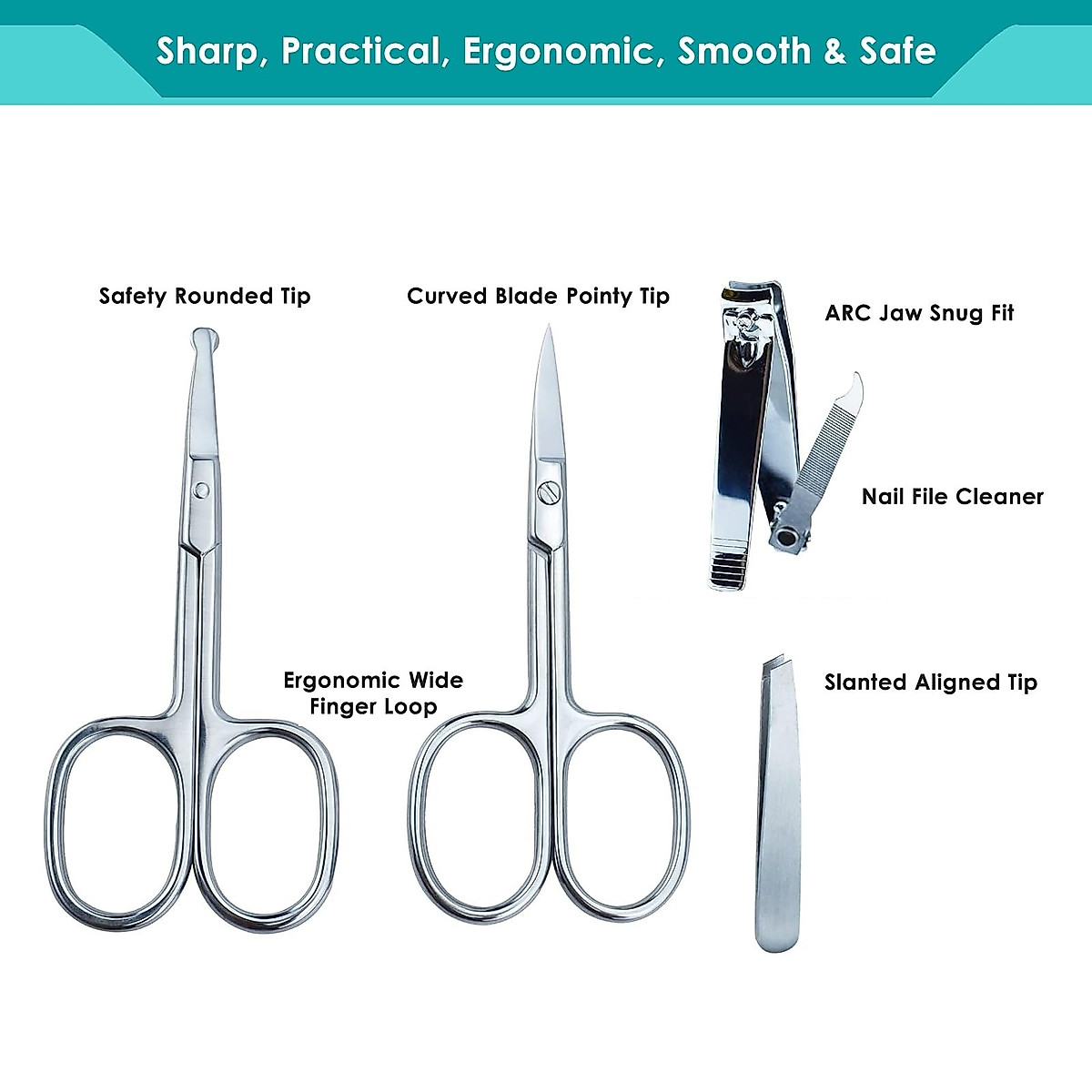 5Pcs Beauty Grooming Eyebrow Scissor Men Women Facial Nose Hair Scissor Curved Round Blunt Mustache Beard Manicure Pedicure Trimmer Set Stainless Steel Slant Tweezers Nail Clipper Pet Dog Scissor Kit