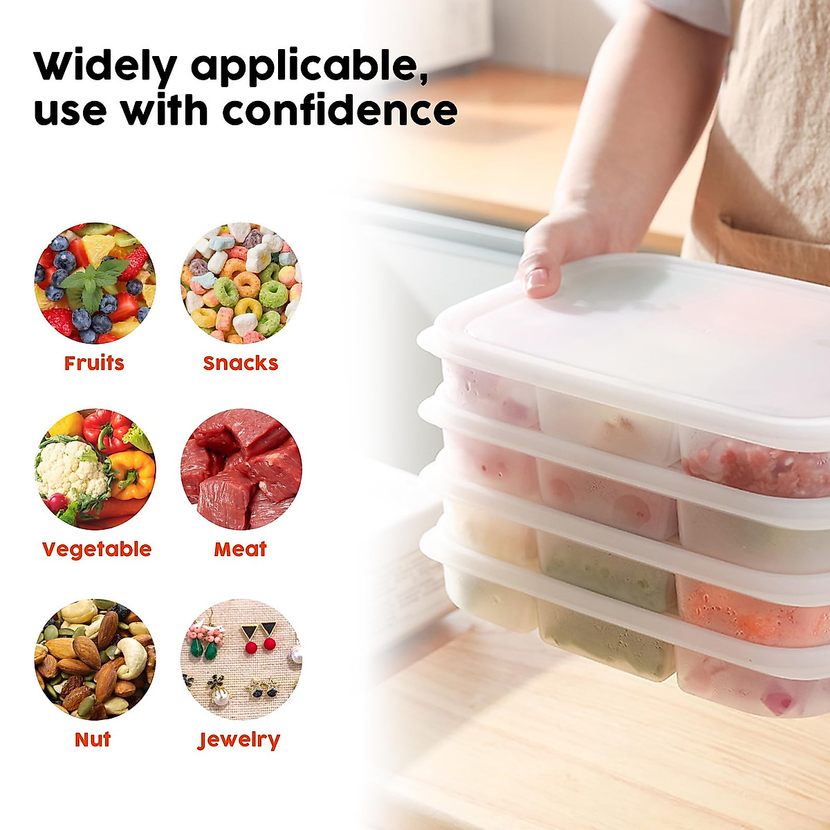 KKONHII 4 Pcs Divided Veggie Tray with Lid and Food Clip, 5 Compartment Reusable Snackle Box Food Storage Container Fridge Organizer BPA-Free Container Serving Tray for Snack, Fruit, Candy, Nuts