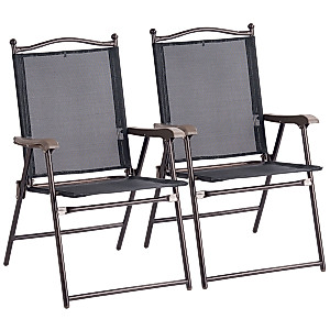 Giantex Set of 2 Patio Folding Chairs, Sling Chairs, Indoor Outdoor Lawn Chairs, Camping Garden Pool Beach Yard Lounge Chairs w/Armrest, Patio Dining Chairs, Metal Frame No Assembly, Black