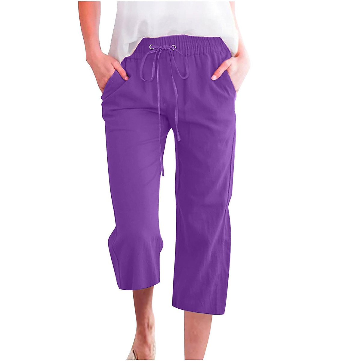 Return pallets for Sale Liquidation Bulk Tools Flare Pants Women Cotton Linen Capris Pants Plus Size Knee Length Casual Elastic Waist Loose Paper Bag with Pockets Loose Trousers Purple 4XL