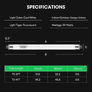 VIVOSUN T5 Grow Light Bulbs 4 Ft 46 Inches, 54W 6500K HO Fluorescent Tubes Light Bulbs, Cool White T5 Bulb for 46 Inches T5 Light Fixtures, T5 Grow Lights for Indoor Plants, 4 Ft 54W Pack of 5
