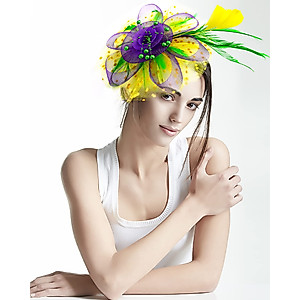 JSSYCG Mardi Gras Fascinator Cocktail Tea Party Headwear Feather Chiffon Flower Headband for Women Girls, Multicolor