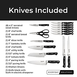 Everyday Solutions PowerEdge 15 Piece Knife Block Set With Built-In Electric Sharpener - Razor Sharp Forged German Steel Blades - Multi-Piece Kitchen Knife Set with Wooden Block - Dishwasher Safe