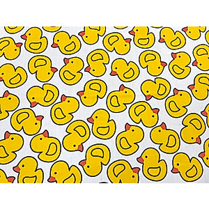 AMORNPHAN 44 Inch Yellow Bird Happy Rubber Duck Printed On White Cotton Fabric Themed Pattern with Ducks for Craft Cloth Kid Patchwork Handmade Sewing Crafting for 1 Yard