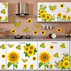 RW-ZSZ2881 31PCS Sunflower Wall Decals 3D Sunflower Yellow Daisy Flowers Wall Stickers Floral Decals DIY Removable Sunflower Green Leaves Wall Decor for Kids Baby Bedroom Living Room Bathroom Nursery