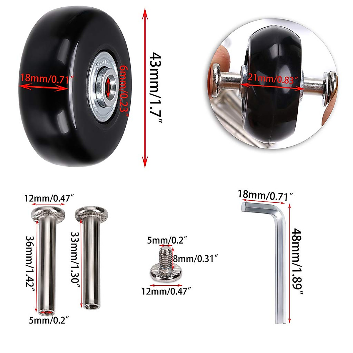 OwnMy 43mm x 18mm Luggage Suitcase Replacement Wheels, Rubber Swivel Caster Wheels Bearings Repair Kits, A Set of 4