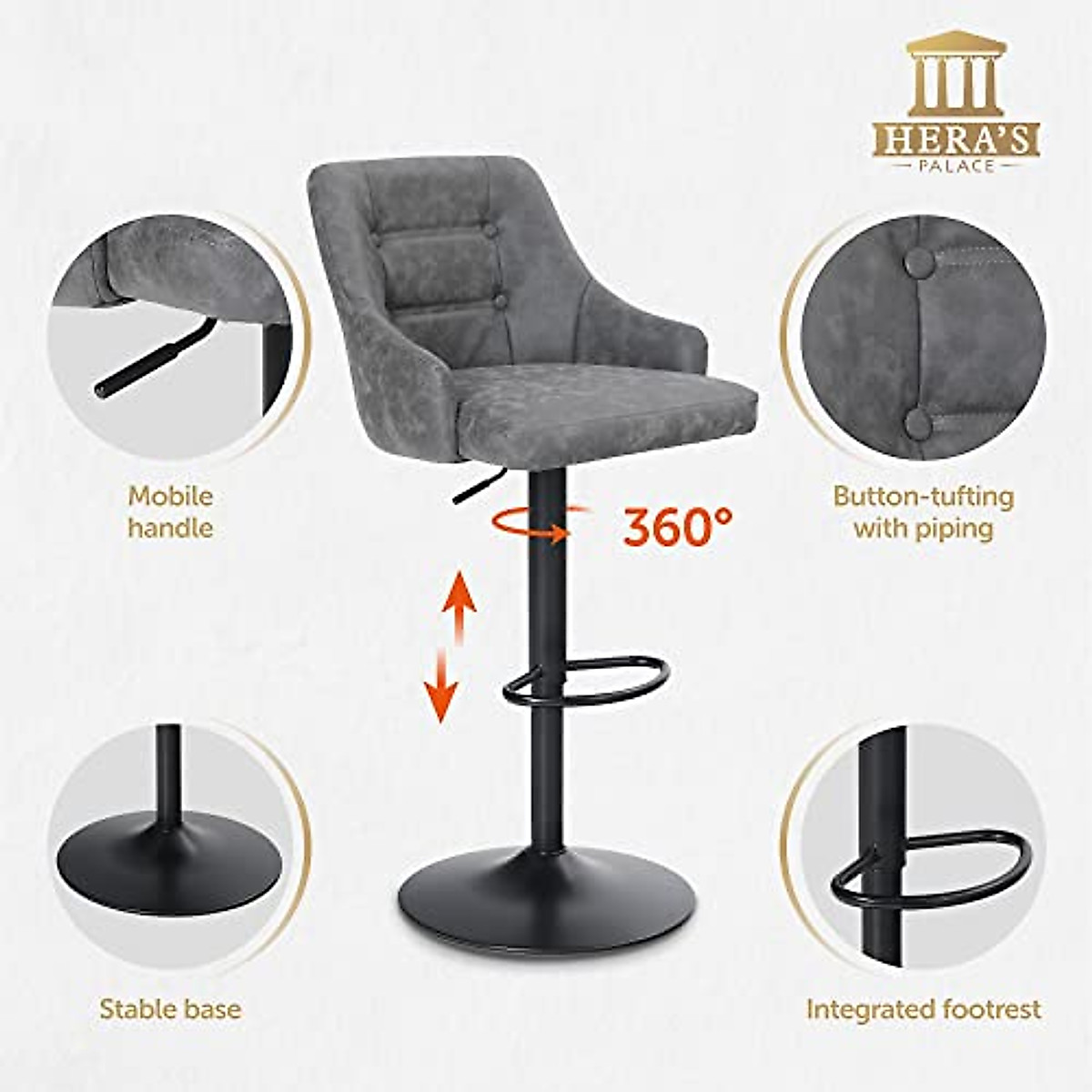 HERA'S PALACE 360 Swivel Bar Stools, Modern Barstool PU Leather Adjustable Counter Height Swivel Stool with Armrest and Backrest for Cafe, Kitchen, (Grey)