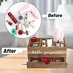 sitanes Hair Tool Organizer, Farmhouse Hair Dryer & Styling Supplies Holder Countertop with Jewelry Storage Drawer, Wooden Blow Dryer Holder with 2 Heatproof Cups, Curling & Flat Iron Holder