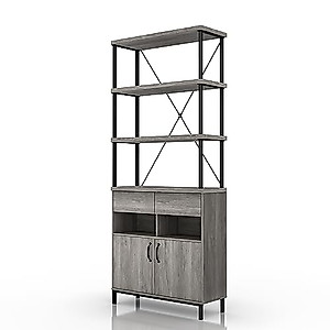 24/7 Shop at Home Auklet Farmhouse Multi Storage Wood 3 Shelves Bookcase with 2 Drawers, 2 Cabinets for Living Room, Home Office, Bedroom, Vintage Gray Oak