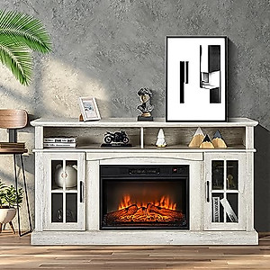 COSTWAY Electric Fireplace TV Stand for TVs Up to 65 Inches, 1400W Heater Insert with Remote Control, 6H Timer, 3-Level Flame, Overheat Protection and CSA Certification, Adjustable Shelves, Grey