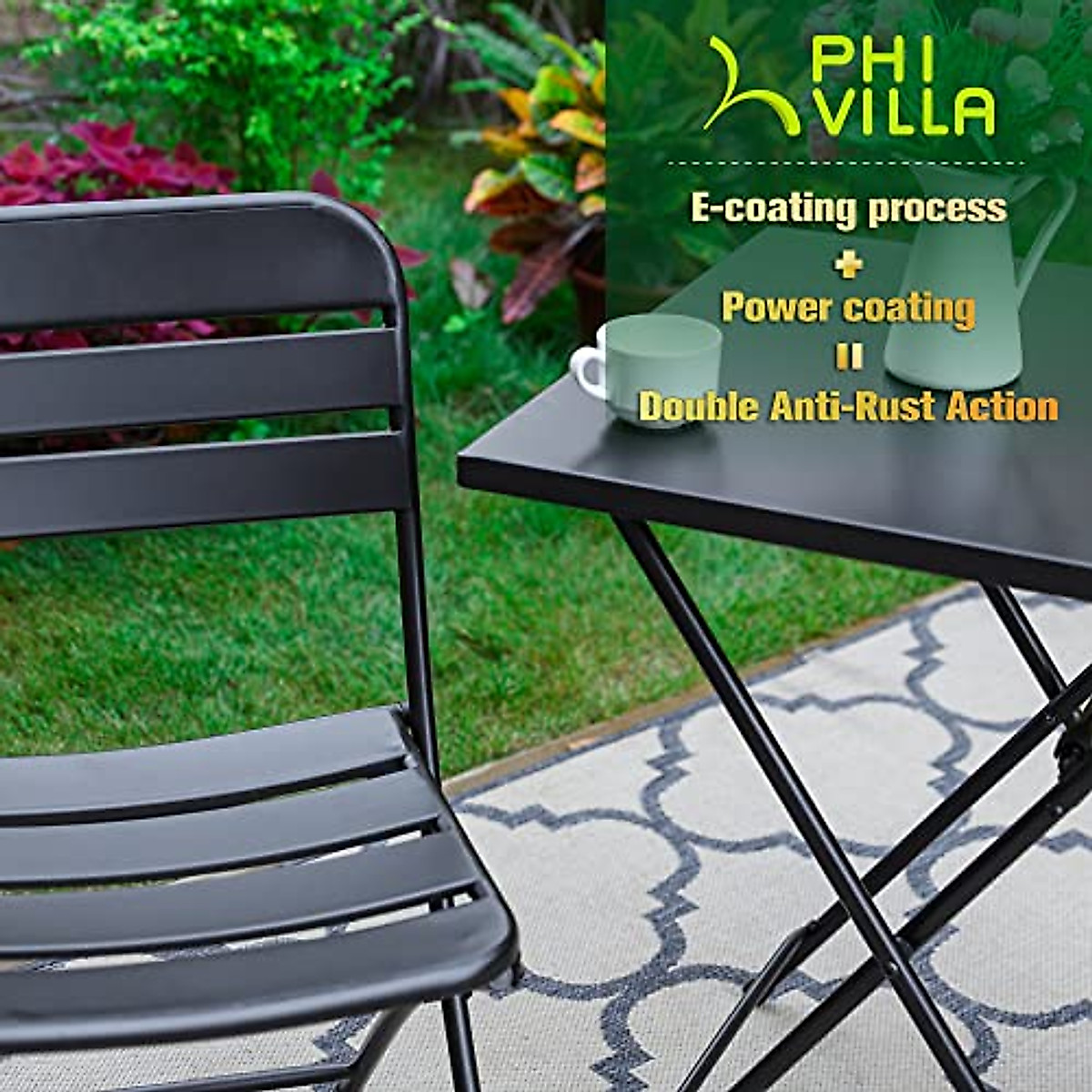 PHI VILLA Metal Steel Patio Dining Chairs Set of 2,Outdoor Bistro Chairs,Foldable Patio Dining Chairs for Garden,Backyard, Lawn, Porch, Poolside and Balcony,2 Packs