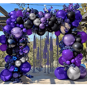 Purple Black Silver Balloon Garland - Double Stuffed Dark Purple Black Balloons Metallic Purple Silver Balloons Lavender Lilac Balloon Arch Kit for Birthday Baby Shower Anniversary Wedding Party Decor