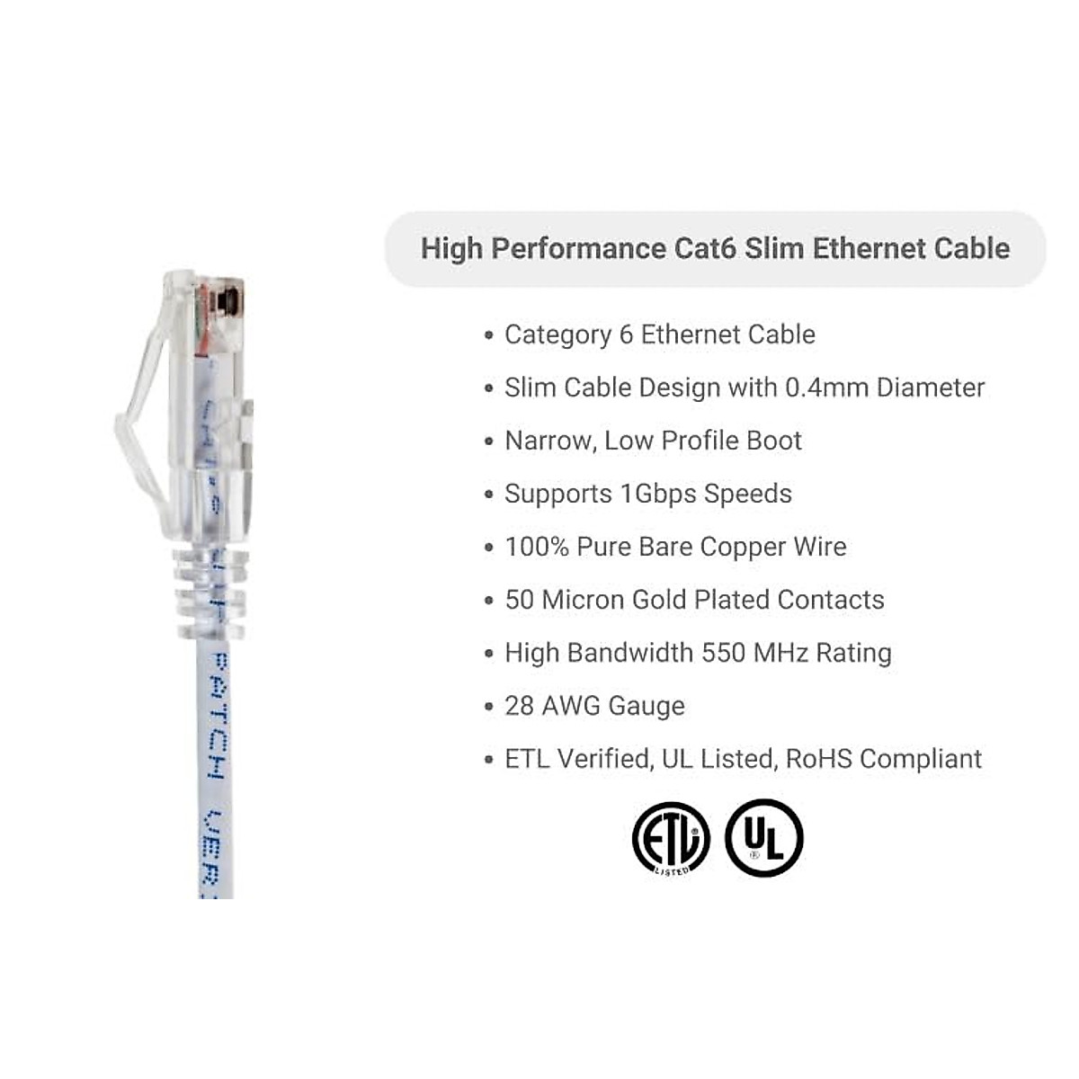 CablesAndKits - Cat6 Slim Snagless 10ft White Ethernet Cable, High-Density PVC Jacket (CM), Pure Copper, RJ45 Computer & Networking Patch Cord - Lifetime Wty