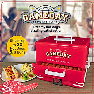 Nostalgia, Game Day Hot Dog Steamer and Bun Warmer, Fits 20 Dogs and 8 Buns, Steams Pot Stickers, Veggies, Potatoes, and Other Appetizers or Toppings