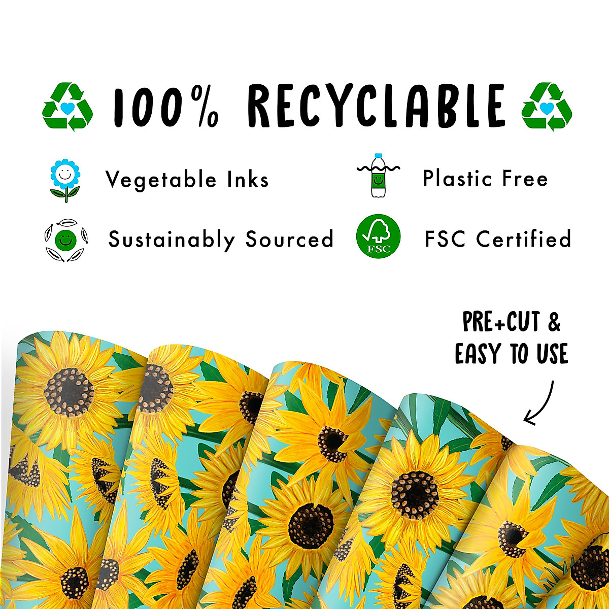 CENTRAL 23 Floral Wrapping Paper - Sunflowers Gift Wrapping Paper - Blue Yellow Boho Vintage - Bridal Shower Gift Wrap - 6 Sheets - For Women Men Birthdays Wedding Easter - Recyclable