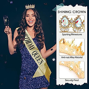 KICOSY Crowns for Women Birthday Queen Sash & Crystal Crown Set Gold Birthday Tiara Birthday Crowns for Women Rhinestone Headband Birthday Sash and Tiara for Women Girls Birthday Decoration
