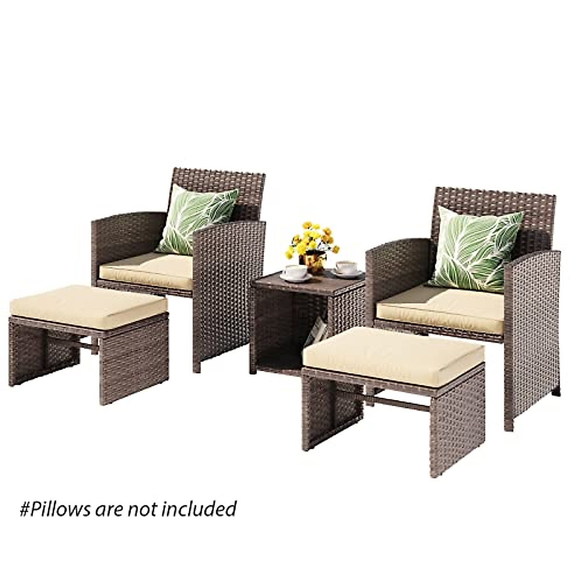 OC Orange-Casual 5 Pcs Patio Conversation Set Balcony Furniture Set with Beige Cushions, Brown Wicker Chair with Ottoman, Storage Table for Backyard, Garden, Porch