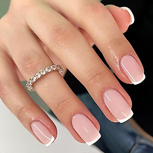 Qsnidy Press on Nails Square - White French Pink Fake Nails Medium Glossy Acrylic Full Cover Glue on Nails for Women and Girls, Natural Fit Stick On Nails in 12 Sizes - 24 Nails Kit