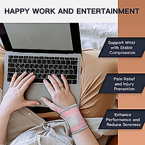 INDEEMAX 2 Pack Copper Wrist Brace Support for Carpal Tunnel, Pain Relief, Arthritis, Tendonitis, Adjustable Wrist Braces Compression Wraps Both Hands, Fit for Men and Women, Pink