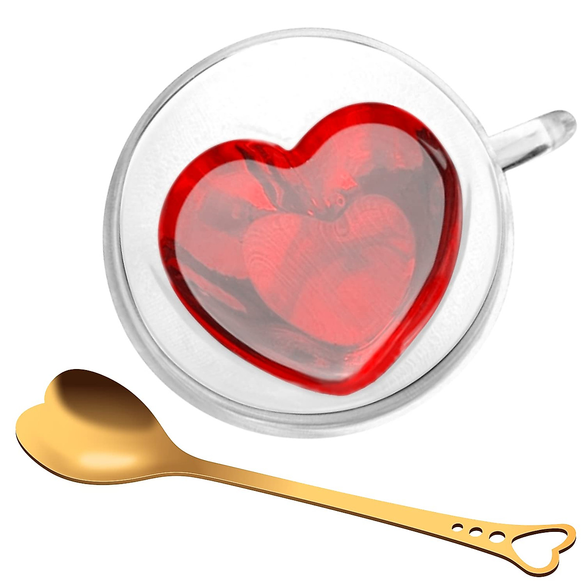 Heart Shaped Cup - Double Walled Insulated Glass Coffee Mug or Tea Cup - Double Wall Glass 10oz (300ml) - Clear - Unique & Insulated with Handle - With Teaspoon