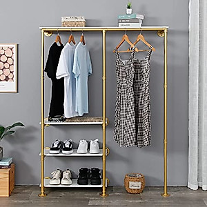 WJJAYY Wall Mounted Industrial Pipe Clothing Rack Wood Garment Rack Hanging Clothes Rack Multi-purpose Heavy Duty Hanging Rod,Steampunk Clothes Rack Retail (64 x49 inch,Gold)