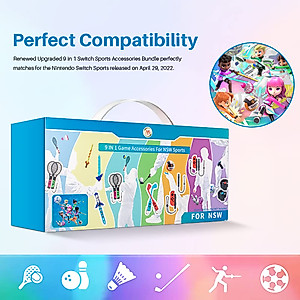 Mviioe for Switch Accessories Bundle Compatible with Nintendo Switch/Switch OLED for Nintendo Switch Sports Games with Leg Straps, Tennis Rackets, Glof Clubs, Sword, Wrist Straps(9 in 1)