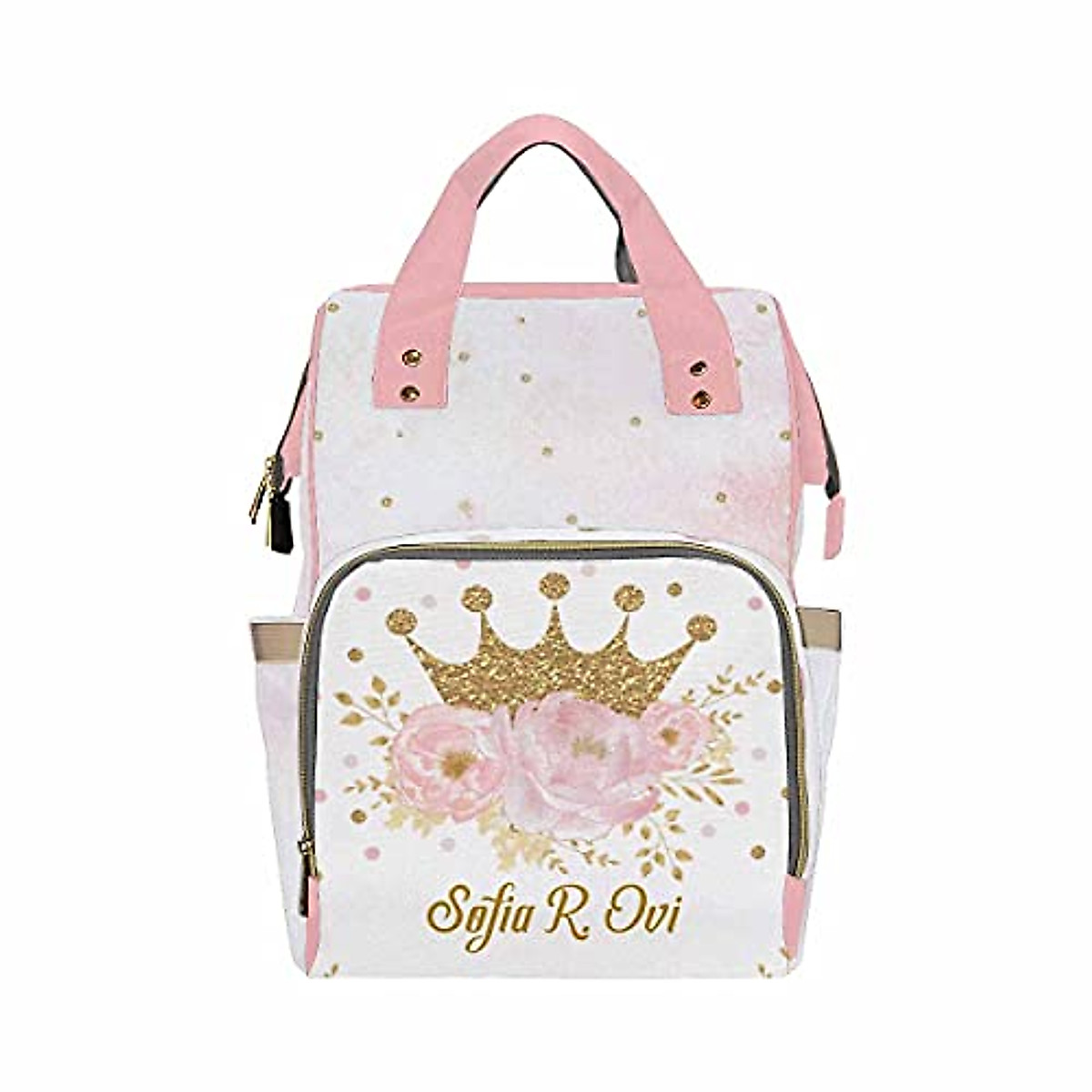 InterestPrint Custom Diaper Bag with Name, Pink Flowers with Crown Diaper Bag Nappy Bags Travel Shoulder Daypack Mummy Backpack Custom Gift for Mom Girl