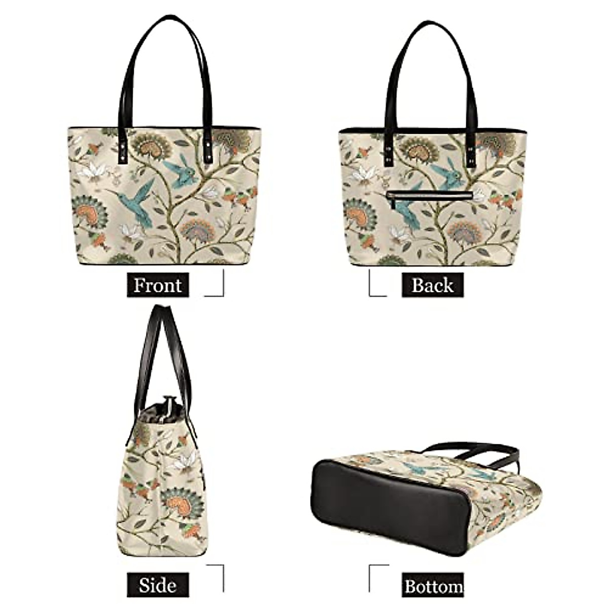 Ethnic Flower Shoulder Tote Bag for Women Girls, Leather Handle Bag Durable Hummingbird Latop Tote Bag With Zipper Pocketfor School Work Travel