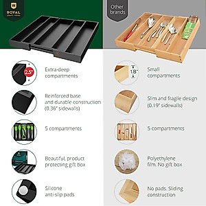 ROYAL CRAFT WOOD Luxury Bamboo Caddy Expandable Drawer and Utensil Organizer, Silverware Holder and Cutlery Tray, 19.6" x17", Black