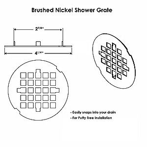 4 ¼” Snap-in Shower Drain Grate - Brushed Nickel - Replacement Cover - VHI - Handyman Designed & Tested in America - 100% Brass - Will Never Bend or Break