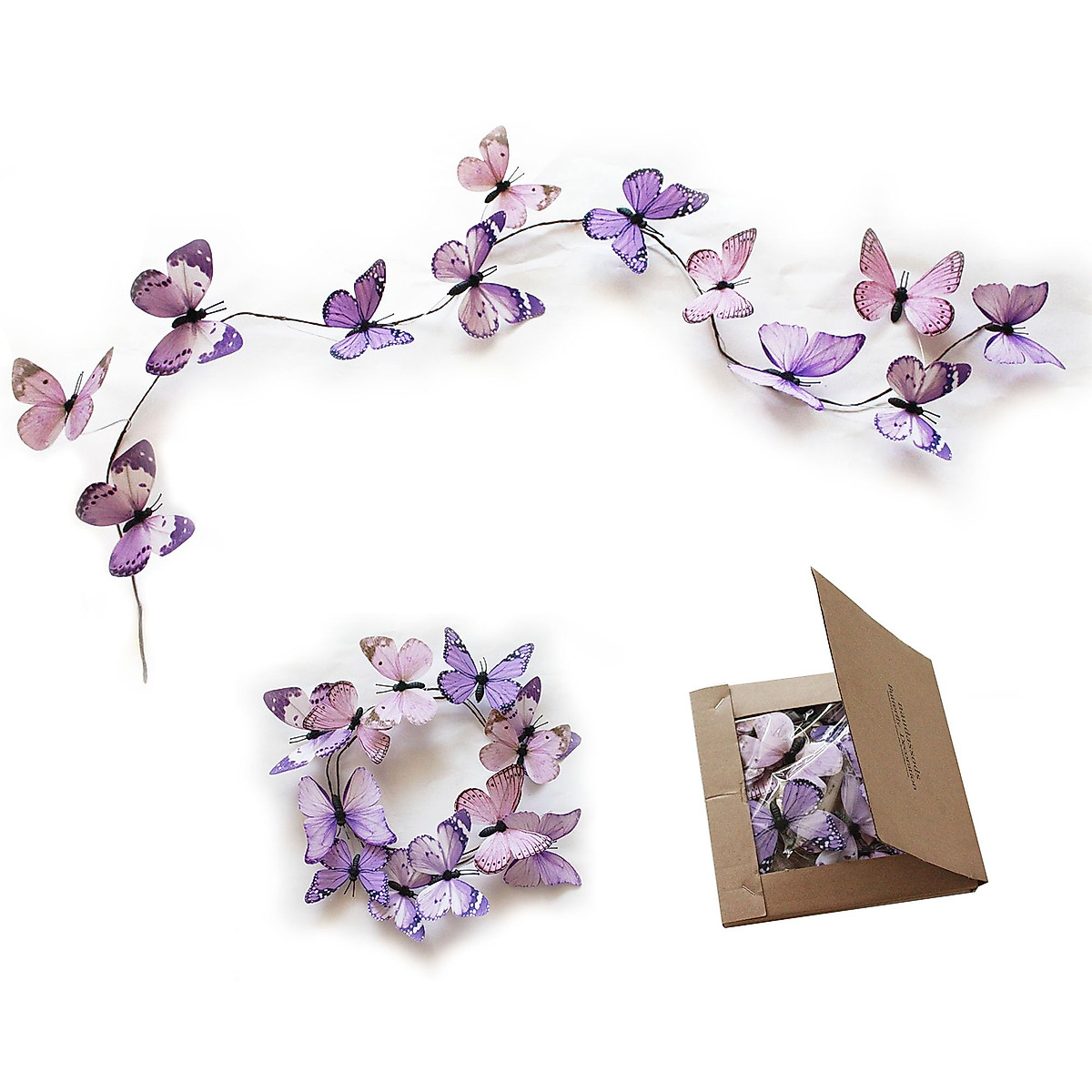 Artificial Butterfly Garland, Fake Butterfly Decorative Vines, DIY 3D Unique Butterfly Hanging Decor for Home Wall Easter Spring Flowers Party Wedding Arch Shopping (Light Purple)