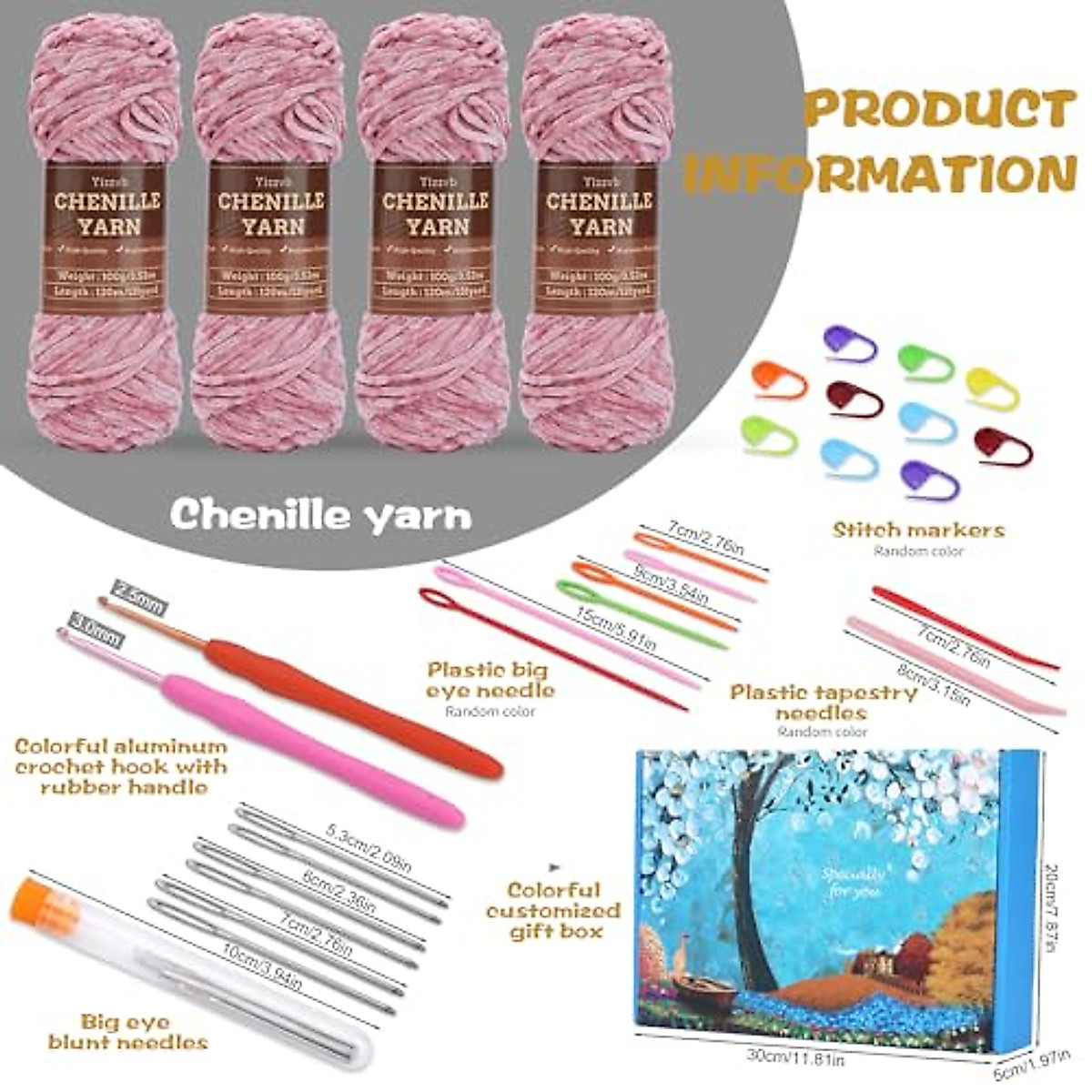 Yizzvb 4 * 3.35oz/100g Chenille Yarn, Velvet Yarn, Chenille Yarn for Crocheting, Blanket Yarn with Big Eye Needles, Stitch Markers, Soft Chenille Yarn for Crocheting Weaving Craft Blankets (Pink)