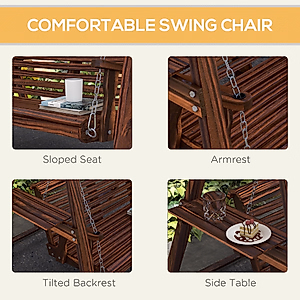 Outsunny 2-Seat Porch Swing Loveseat, Wooden Patio Swing Chair with Stand and Side Tables, for Garden, Poolside, Backyard, Carbonized