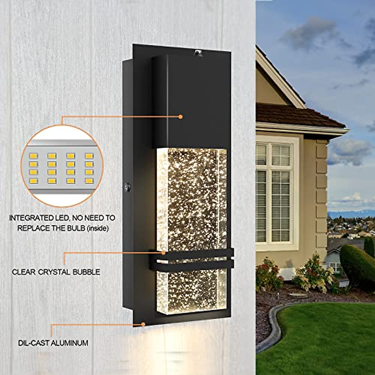 PARTPHONER LED Dusk to Dawn Outdoor Light Fixture Exterior Wall Sconces Porch Light 2 Pack Outside Wall Lights with Crystal Bubble Glass 12W Lumen 3000K for Doorway Garden Hallway Patio Living Room