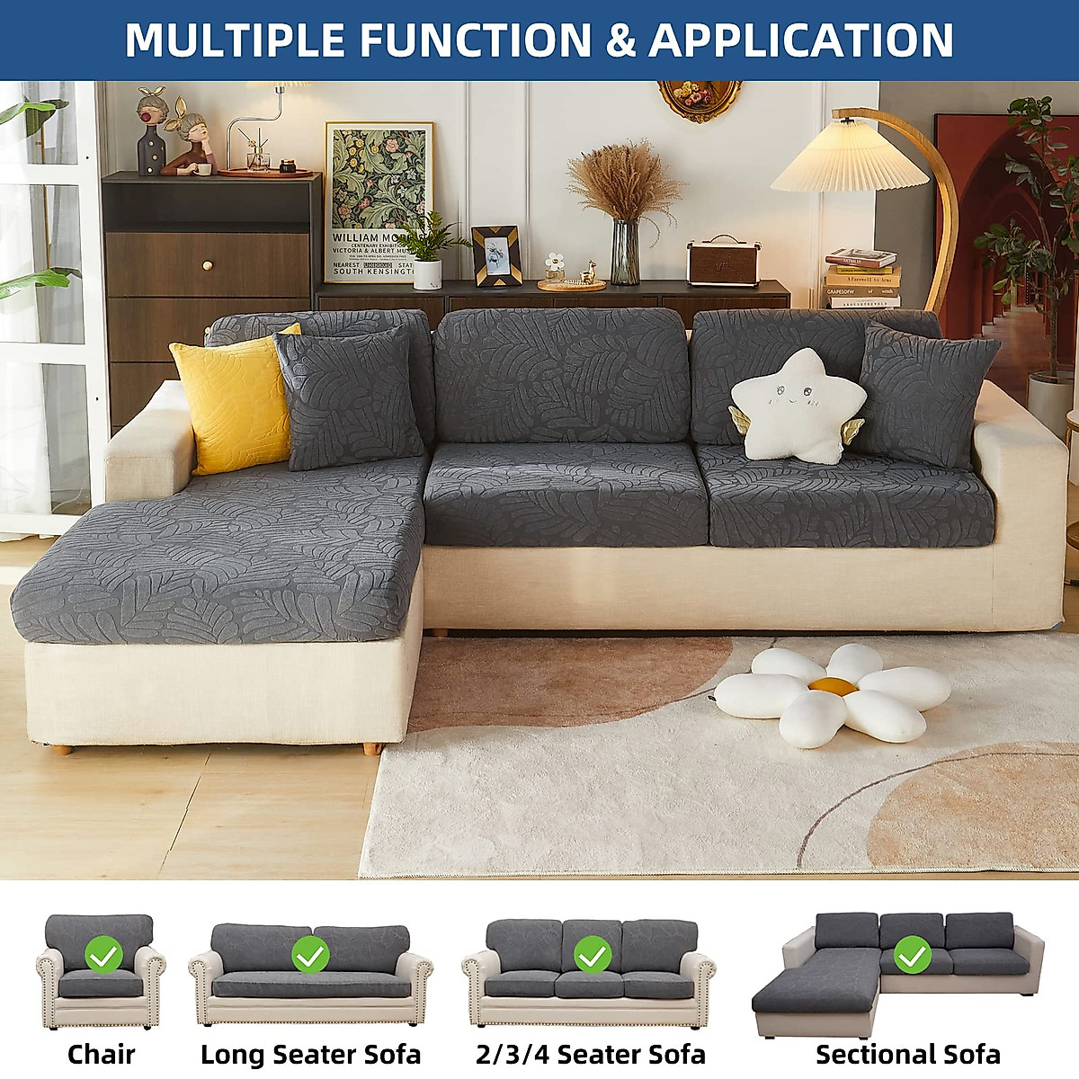 Eismodra Couch Covers for 2 Cushion Couch Sofa Stretch Sectional Couch Cover for Dogs Pet L Shaped Sofa Slipcovers 3 Cushion Seat Leather Furniture Protector,Gray Length 37-53 inches (Only 1 Piece)