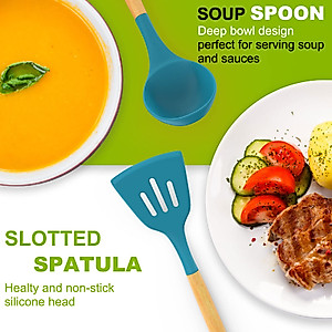 Umite Chef 36pcs Silicone Kitchen Cooking Utensils with Holder, Heat Resistant Cooking Utensils Sets Wooden Handle, Nonstick Kitchen Gadgets Tools Include Spatula Spoons Turner Pizza Cutter(Blue)