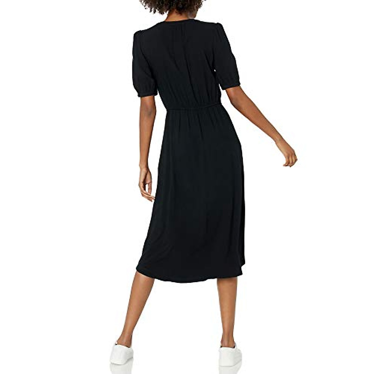 Amazon Essentials Women's Relaxed Fit Half-Sleeve Waisted Midi A-Line Dress, Black, Medium