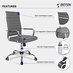 Okeysen Grey Office Desk Chair, Ergonomic Leather Modern Conference Room Chairs, Executive Ribbed Adjustable Swivel Rolling Chair for Home Office.