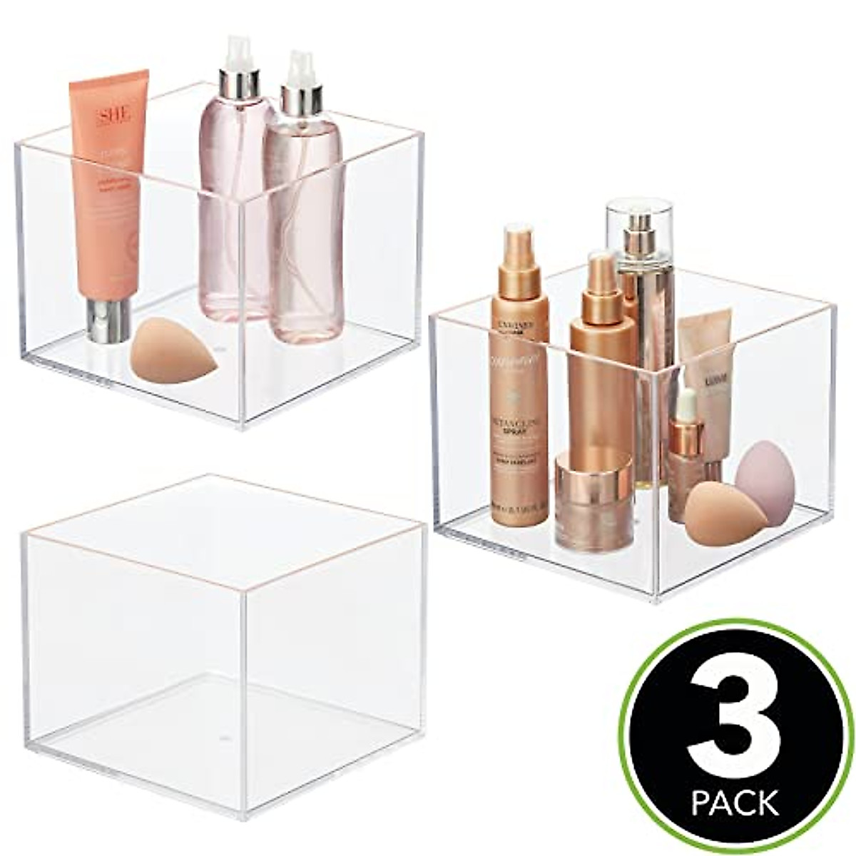 mDesign Makeup Organizer for Bathroom, Bedroom and Vanity Countertops, and Drawers; Storage Bins for Cosmetics, Brushes, Eyeshadow Palettes, Lipstick, Blush - Square - 3 Pack, Clear/Rose Gold