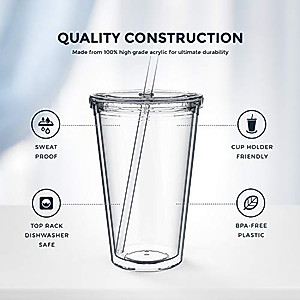 Maars Drinkware Bulk Double Wall Insulated Acrylic Tumblers with Straw and Lid (Set of 12), 16 oz, Clear