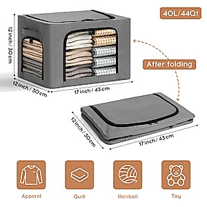 3-Pack Clothes Storage Bins with Metal Frame, Foldable 40L Linen Storage Boxes with Lids, Clear Windows, Zippers & Durable Handles - Grey
