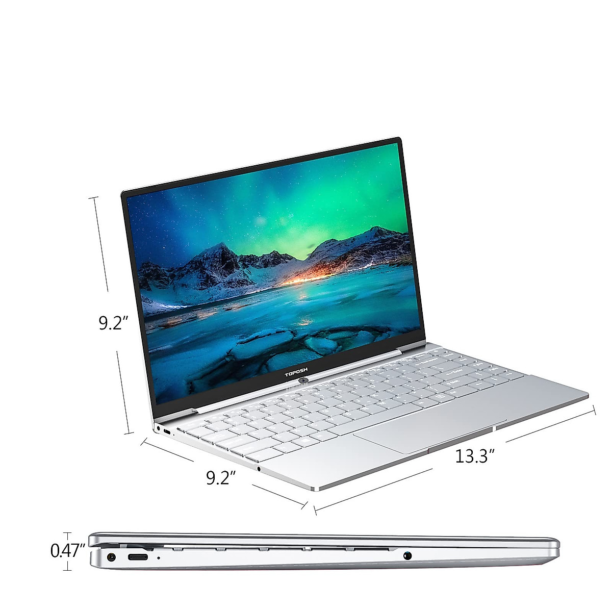 TOPOSH 14 inch Laptop,PC Notebook Computer,Windows 10 Home,12GB RAM 256GB SSD,Intel Jasper Lake N5095,Quad Core 2.0 GHz Processor,Metal Body,Backlit Keyboard-Silver