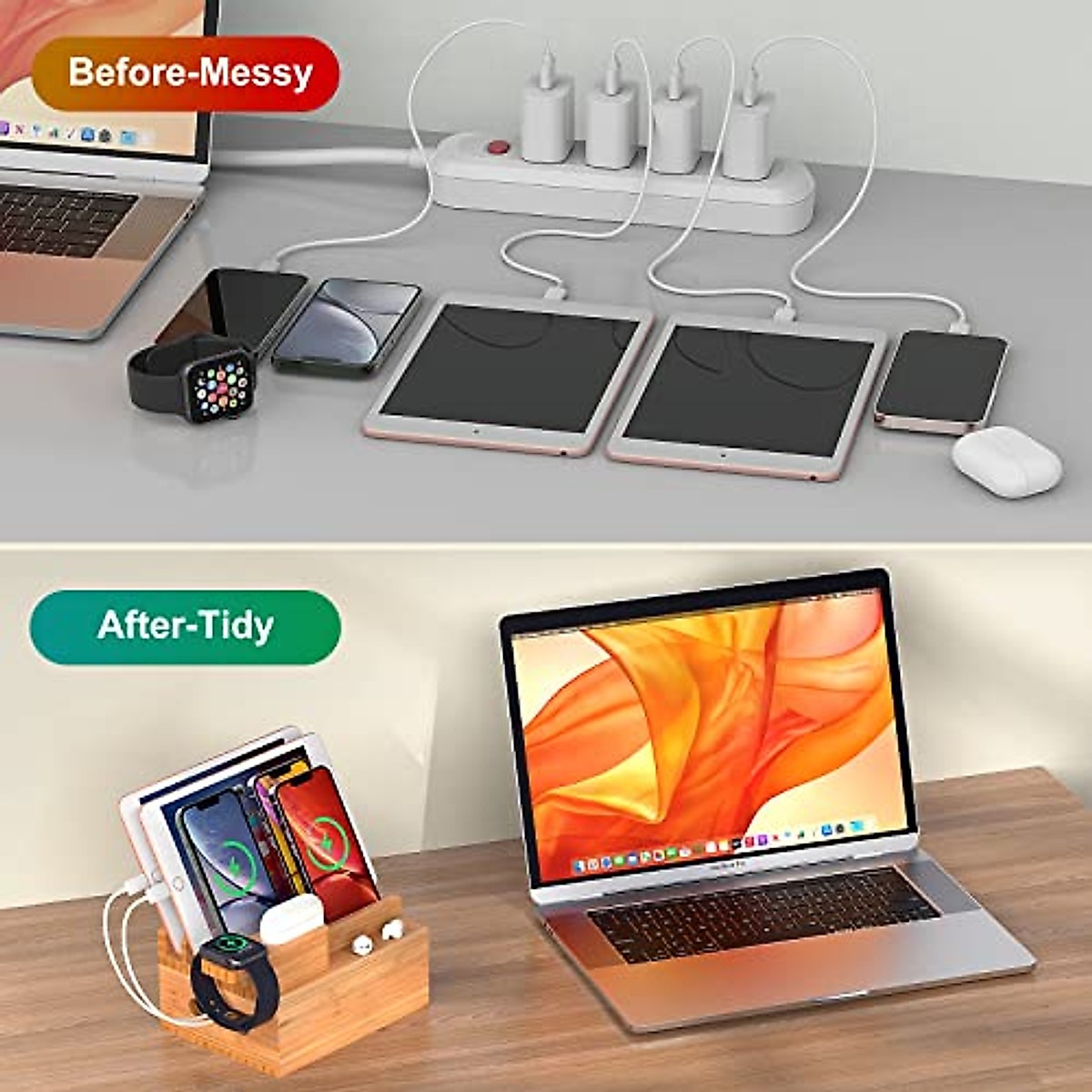 Pezin & Hulin Bamboo Charging Station for Multiple Devices (Included 5 Port USB Charger, 6 Pack Charge & Sync Cables, SmartWatch & Earbuds Stand), Electronic Device Desktop Dock Stations Organizer