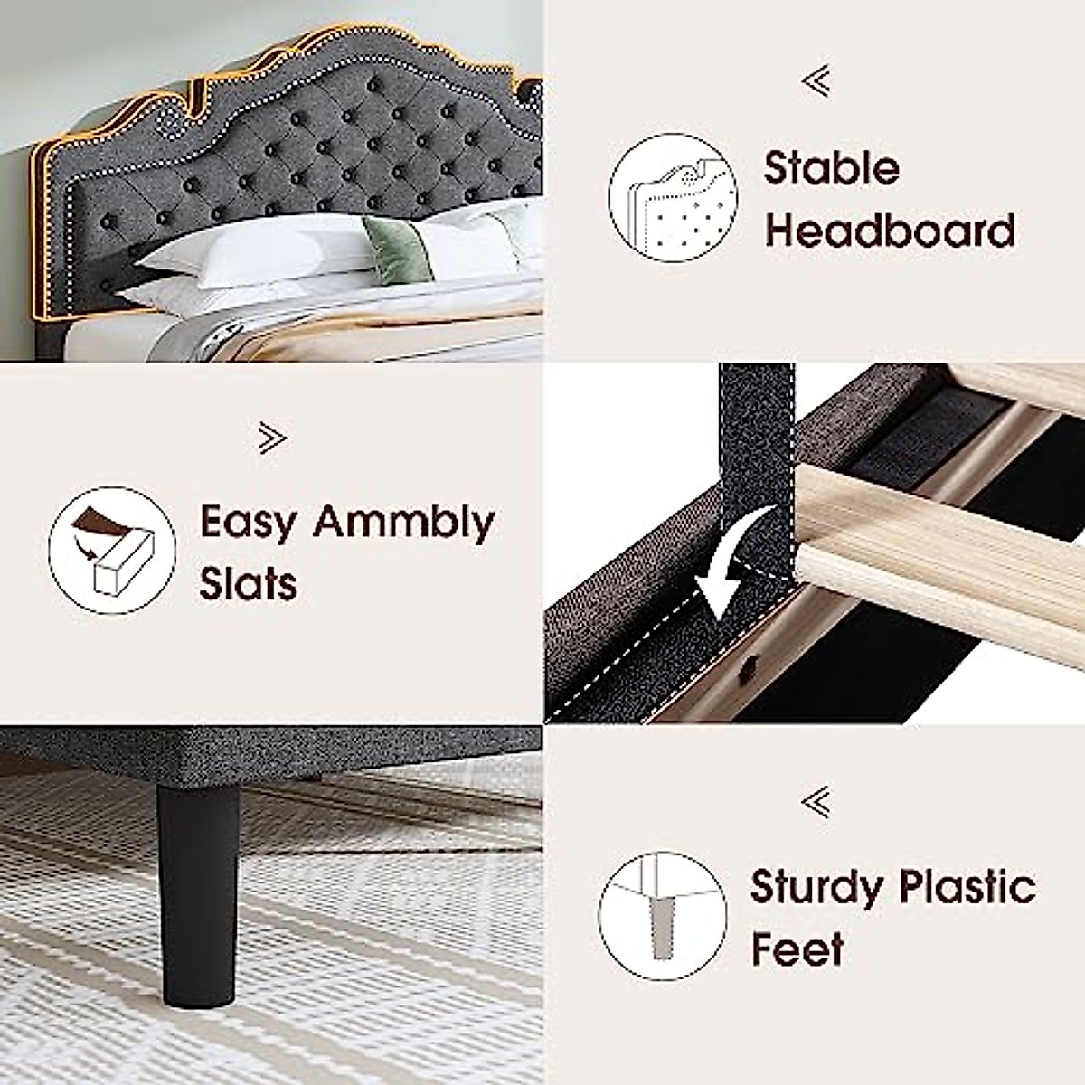 WEEWAY King Bed Frame with Tiara Curved Headboard and High Resilience, Linen Fabric Upholstered Diamond Button Tufted Platform Bed with Wood Slats/No Box Spring Needed/Easy Assembly/Dark Grey