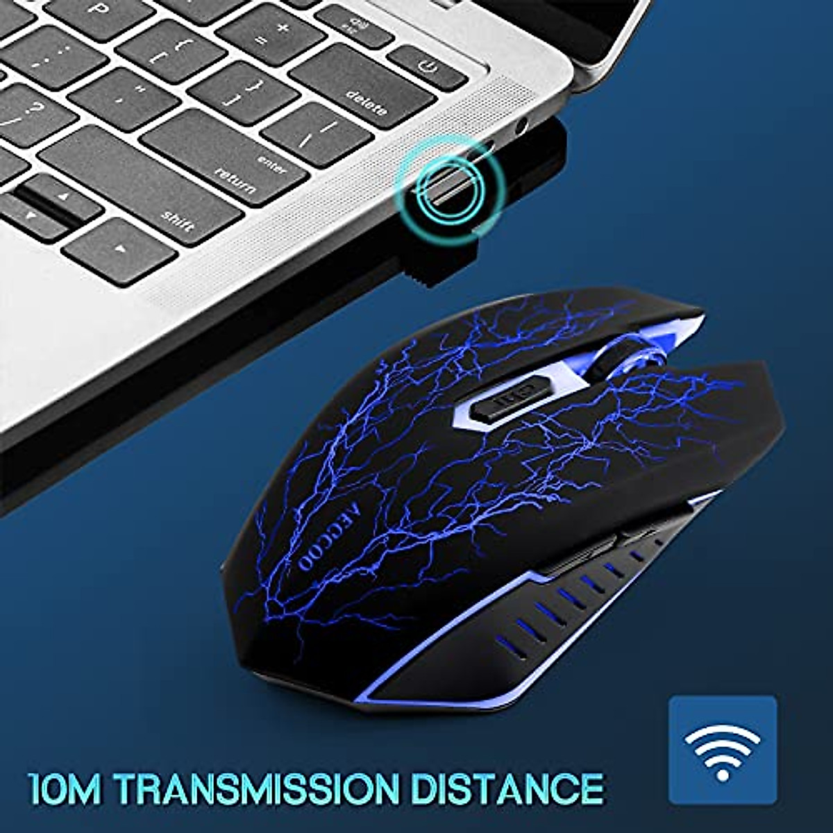VEGCOO Wireless Gaming Mouse, Silent Click Wireless Gaming Mouse Rechargeable Mice with Colorful LED Lights and 2400/1600/1000 Three Gears Adjustable DPI, Ergonomic Mouse for Laptop PC (C11 Black)
