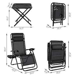 AthLike Outdoor Textilene Zero Gravity Chairs Set, Adjustable & Folding Patio Lawn Reclining Lounge, Anti-Gravity Camping Metal Steel Chair w/Side Table, Cup Holders, Pillows (Black)