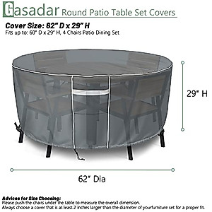 Gasadar Patio Furniture Covers, Round Outdoor Furniture Cover Waterproof, 500D Heavy Duty, 62" Dia x 28" H Round Patio Table Cover, Outdoor Cover for Patio Furniture Table and Chairs Set -Grey