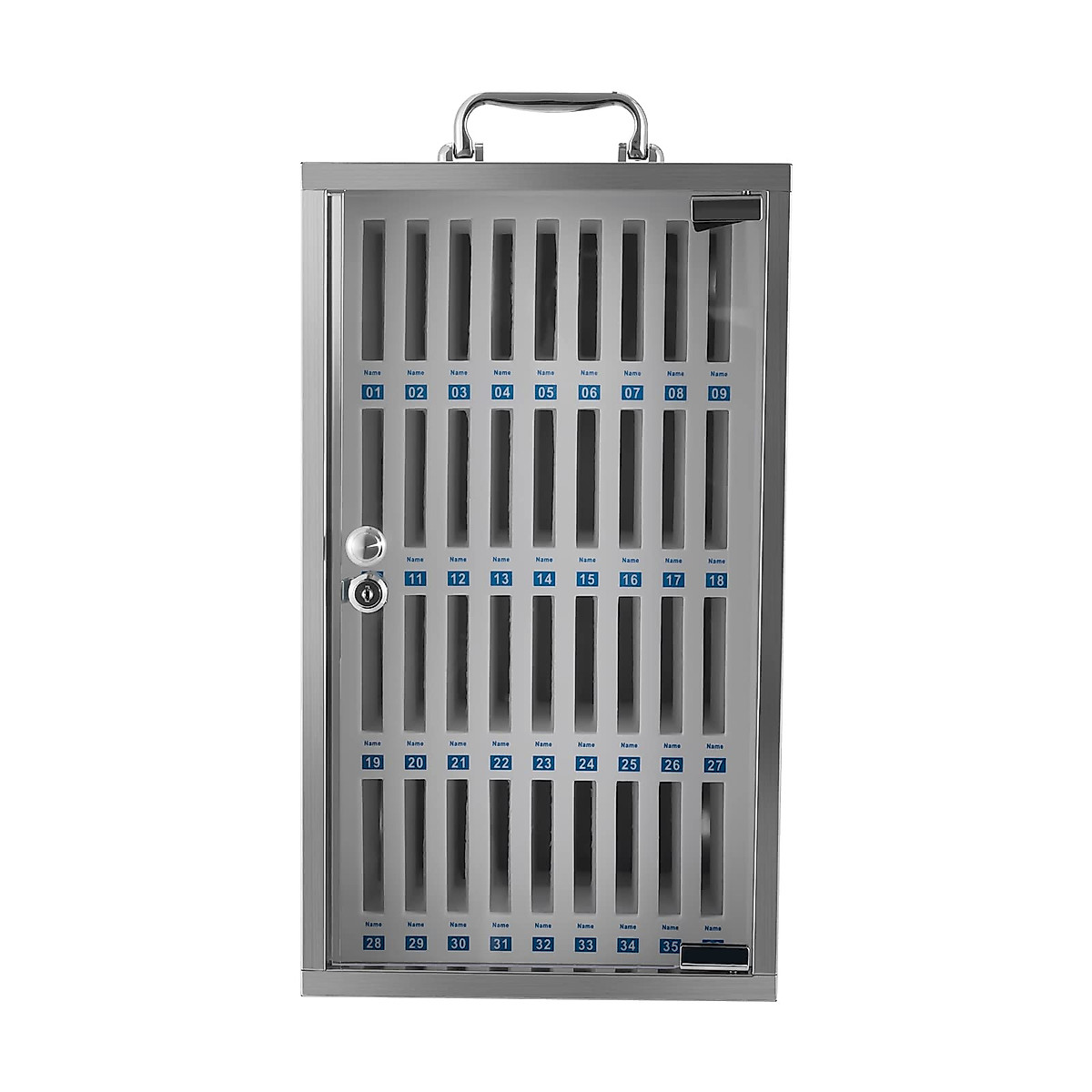 BANLICALI Phone Locker, 36-Slot Stainless Steel Cell Phone Locker Box, Desktop & Wall-Mounted Cell Phones Storage Cabinet with Door Locks and Handle for Classroom Office Employees Silver